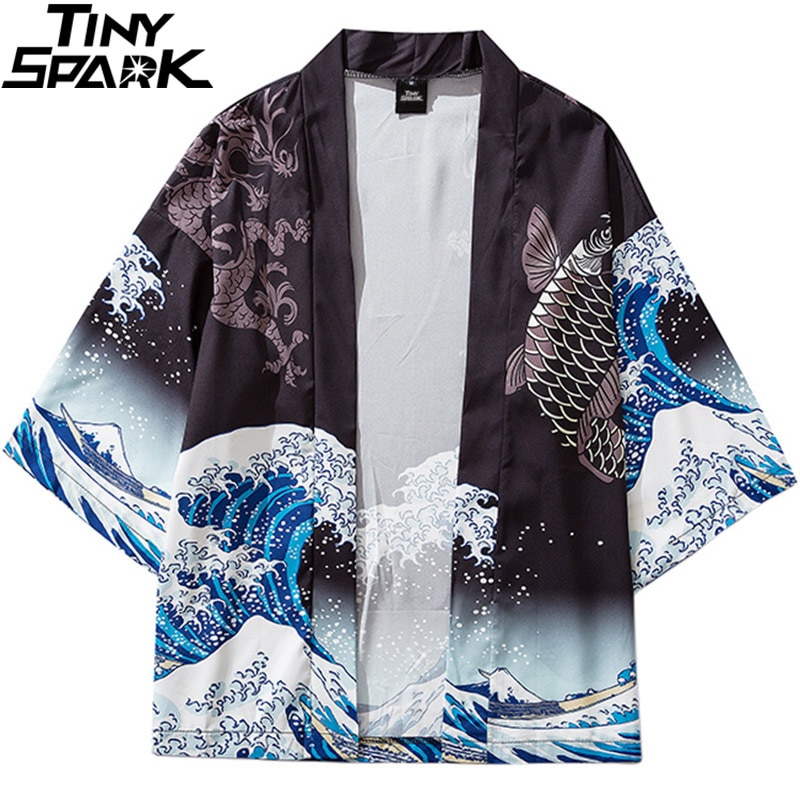 Fish Scales And Ocean Wave Japanese Kimono - Tiny Spark